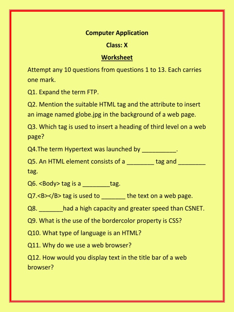 Computer Application Class: X Worksheet | PDF