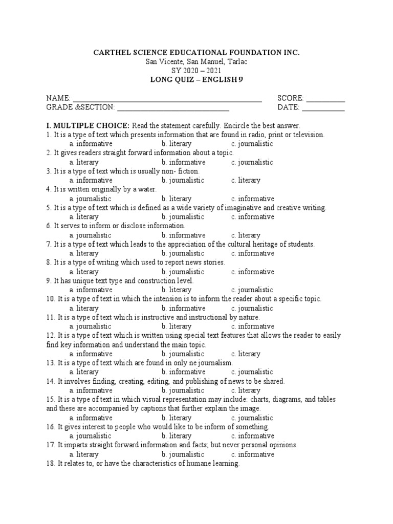 Long Quiz - English 9: Identifying Text Types | PDF | Science | Cognition