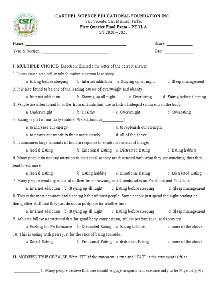 First Quarter Test in Pe11 | PDF | Body Shape | Food And Drink