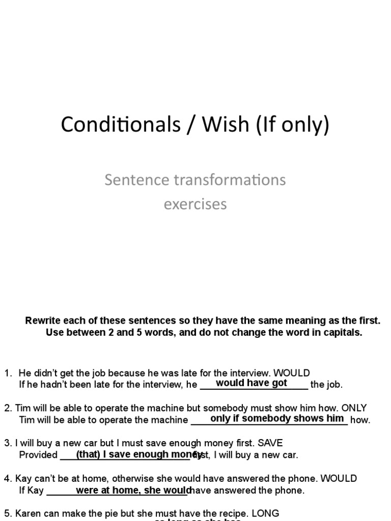 Conditionals Wish - If Only (Sentence Transformation) - Exercises | PDF