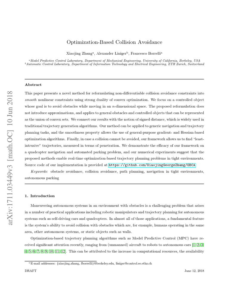 Optimization-Based Collision Avoidance | PDF | Mathematical Optimization | Space