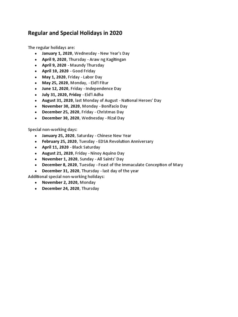 2020 Holiday Schedule Overview | PDF