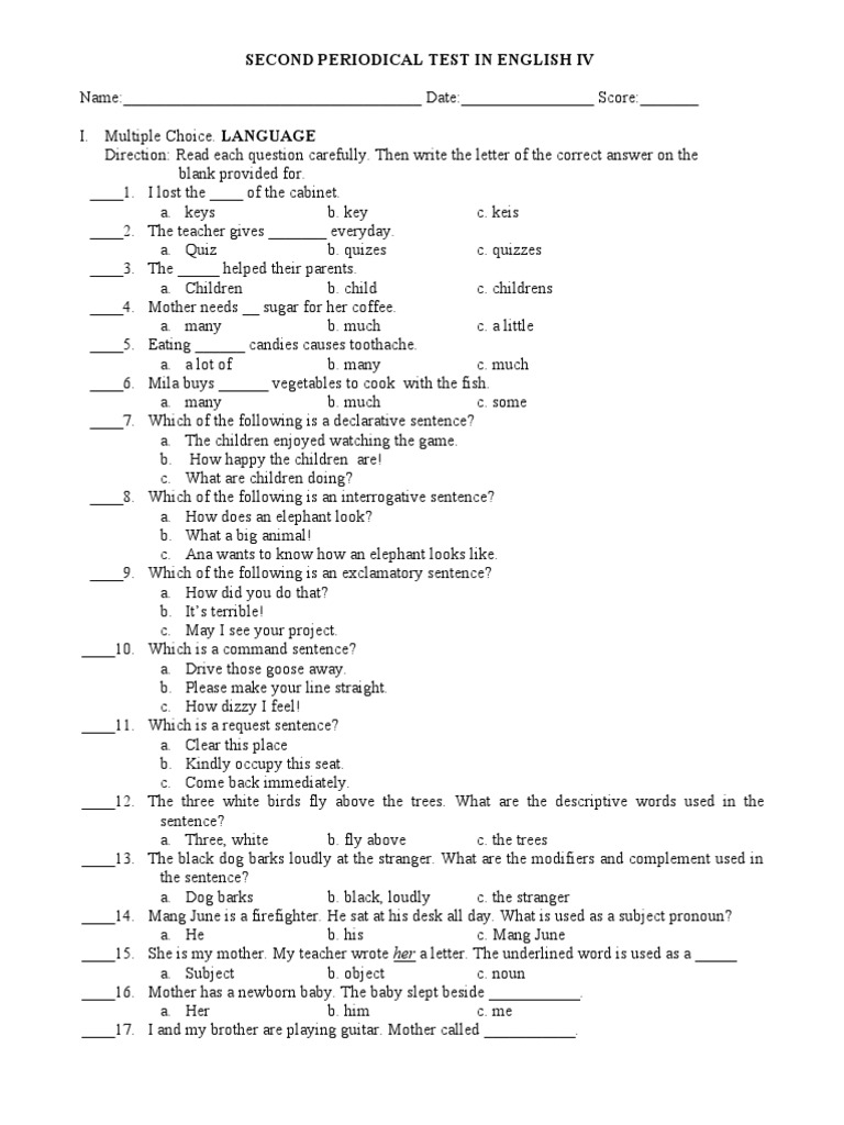 2nd Periodical Test For Grade 4