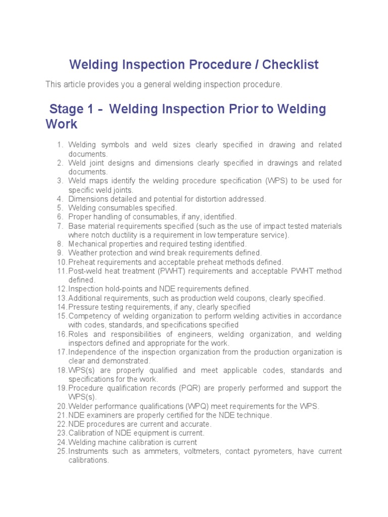 Welding Inspection Procedure Checklist | PDF | Nondestructive Testing ...