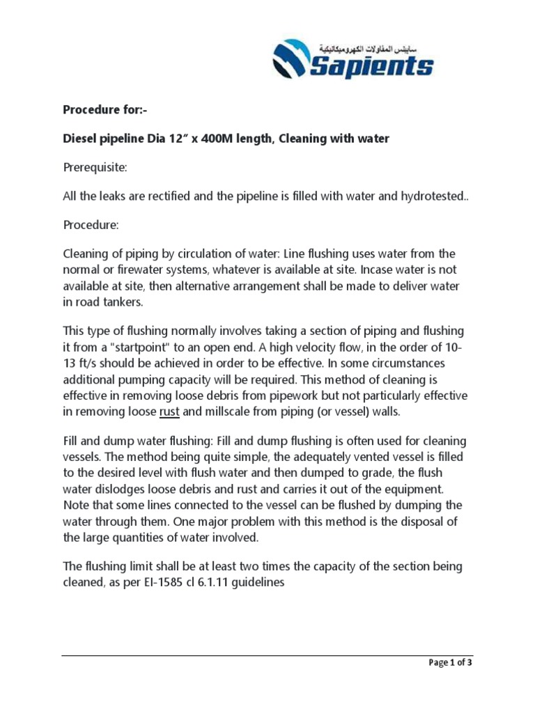 Diesel Pipeline Flushing and Purging Procedure | PDF | Pipeline ...