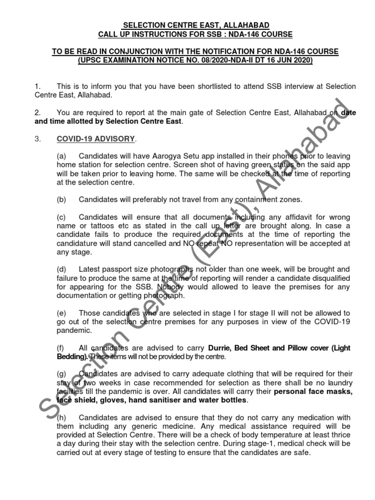 Call Up Letter Sce Allahabad For Nda 146 Course. | PDF | Tattoo ...