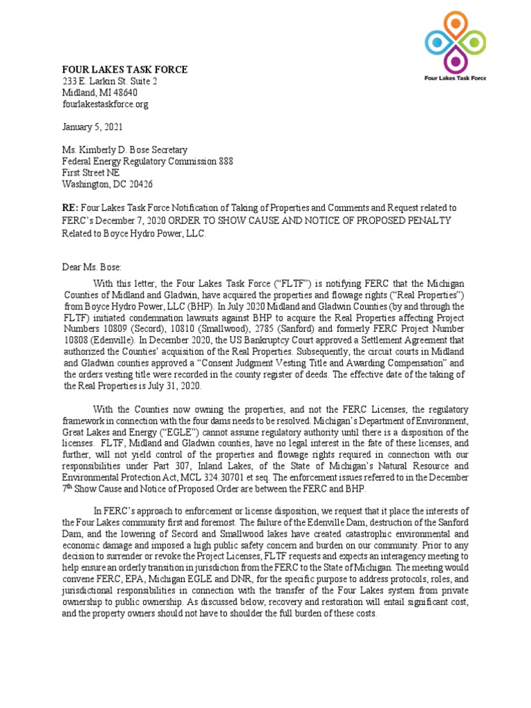 FLTF Letter To FERC | PDF | Energy And Resource | Nature