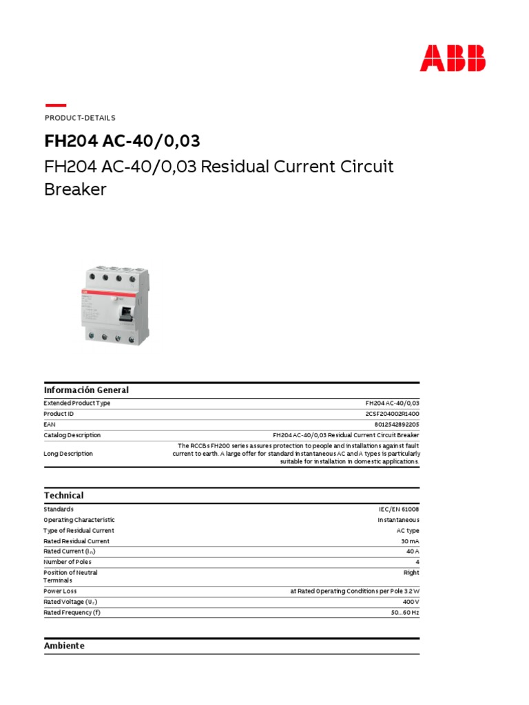 FH204 AC-40/0,03 Residual Current Circuit Breaker | PDF | Alternating Current | Electromagnetism