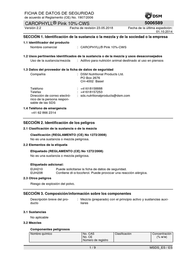 Carophyll Pink 10% Cws - Hoja de Seguridad | PDF | Combustión ...