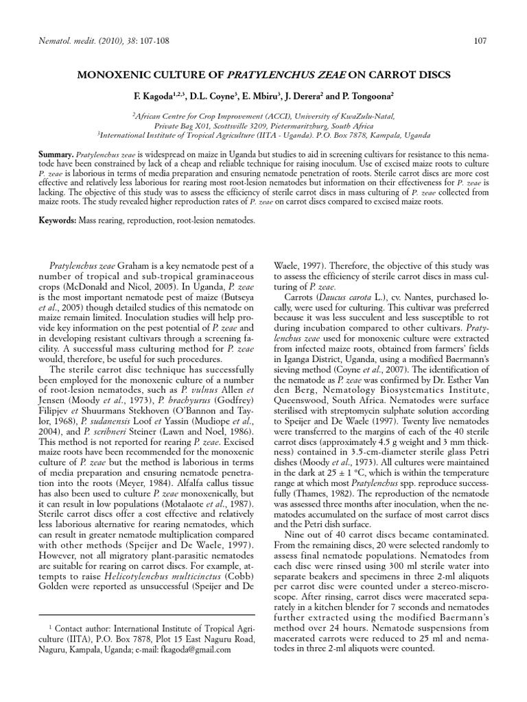 Rapid Culture of Pratylenchus Zeae On Carrot Discs | PDF | Carrot ...