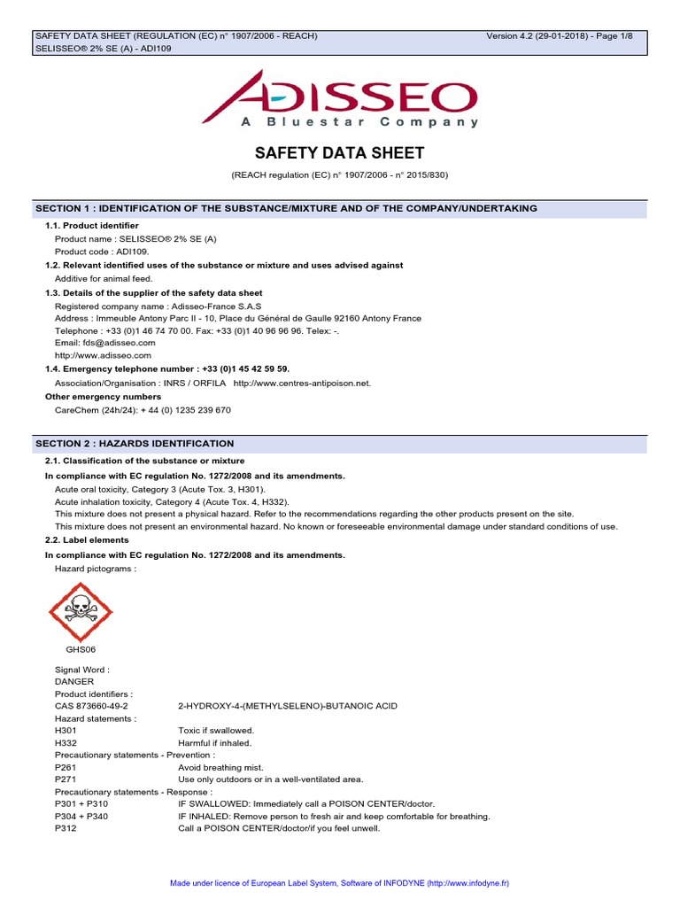 MSDS - Selisseo® 2% Se (A) - (Aromatisé) - ADI109 (En) | PDF ...