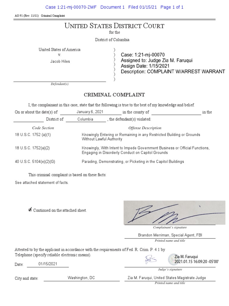 Jacob Hiles Criminal Complaint | PDF | United States Capitol | United ...