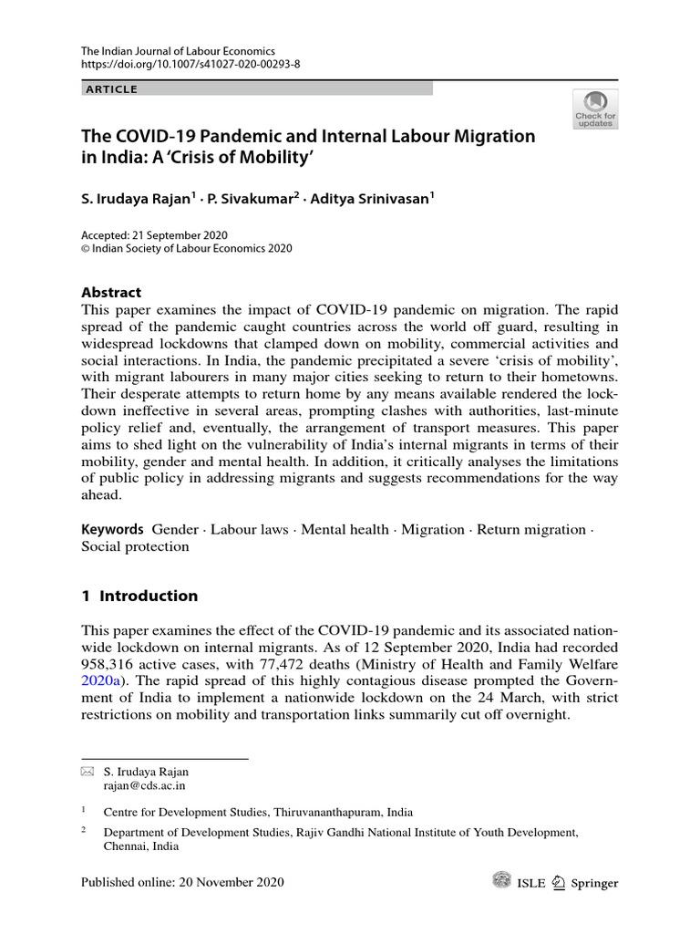 The COVID 19 Pandemic and Internal Labour Migration in India: A Crisis of Mobility' | Download ...