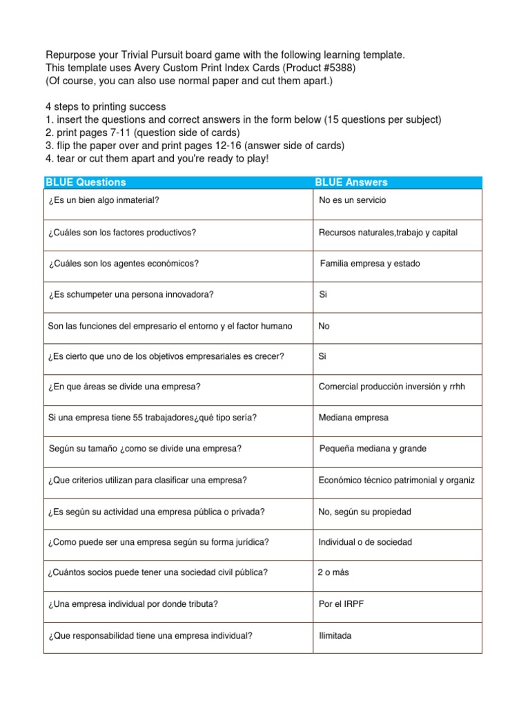 Plantilla para Trivial Personalizado | PDF | Empresas | Economias
