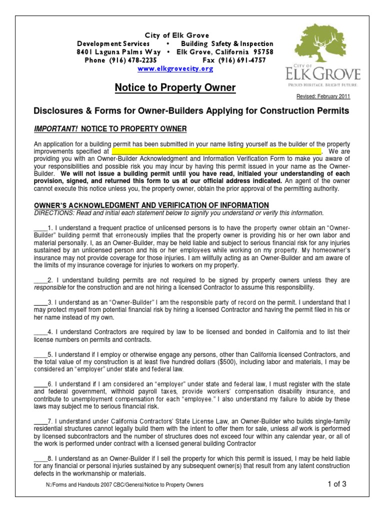 Notice To Property Owner: Disclosures & Forms For Owner-Builders ...
