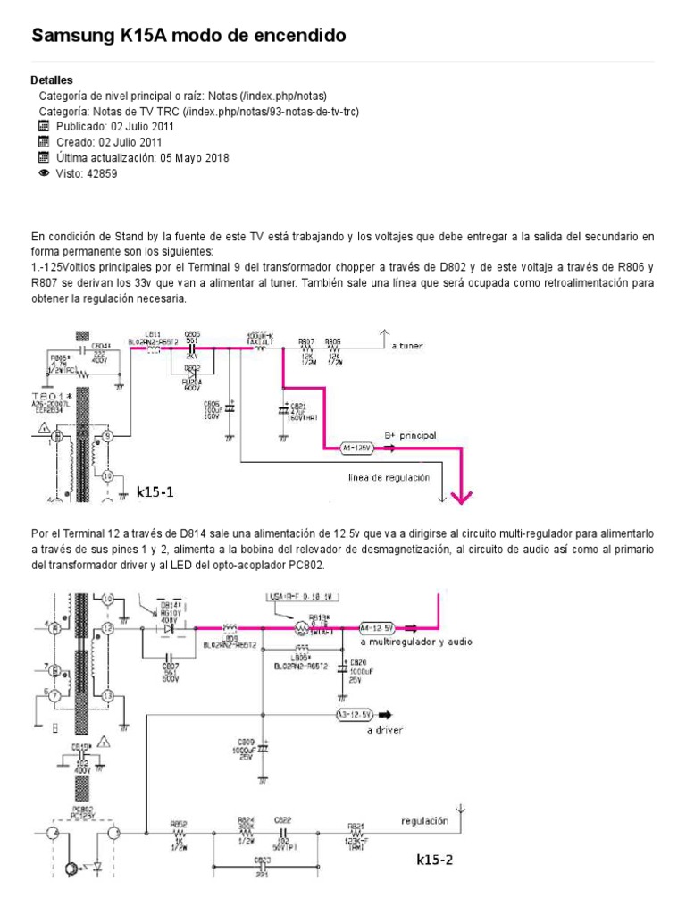 Encendido del TV Samsung K15A: Guía Técnica | PDF | Transformador | Transistor