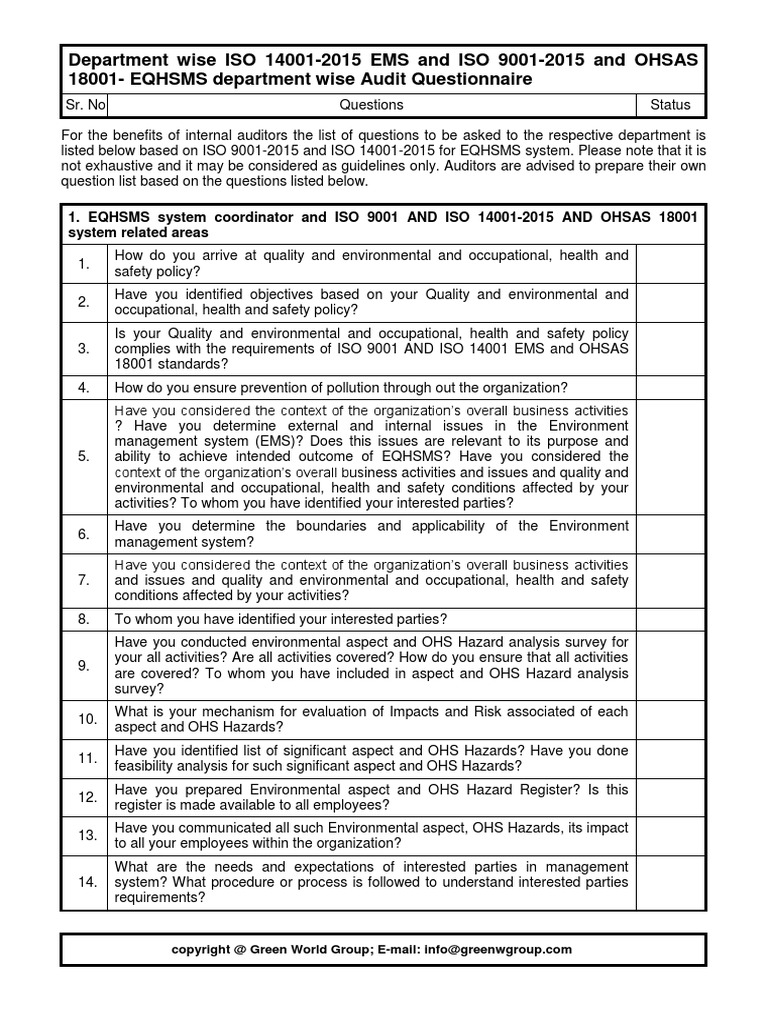 Department Wise ISO 14001-2015 EMS and ISO 9001-2015 and OHSAS 18001 ...