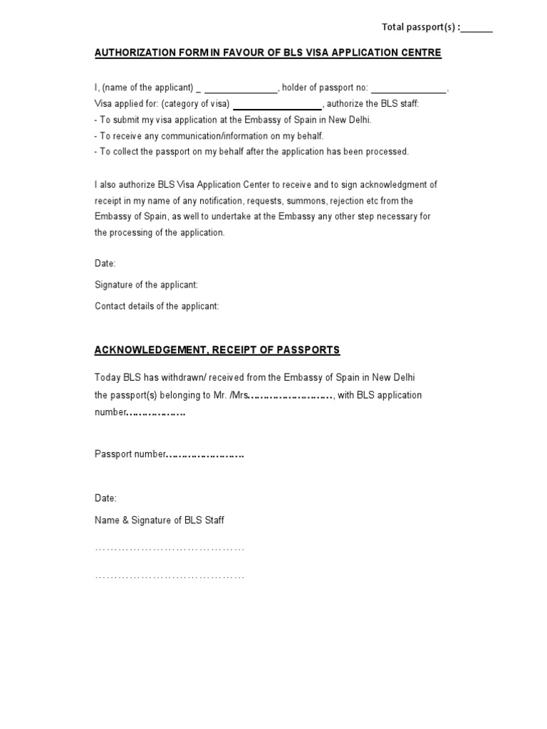 Authorization Form in Favour of Bls Visa Application Centre ...