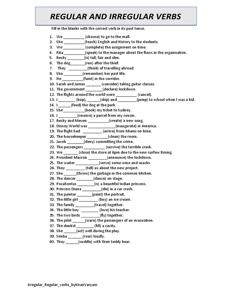 Regular And Irregular Verbs Worksheet