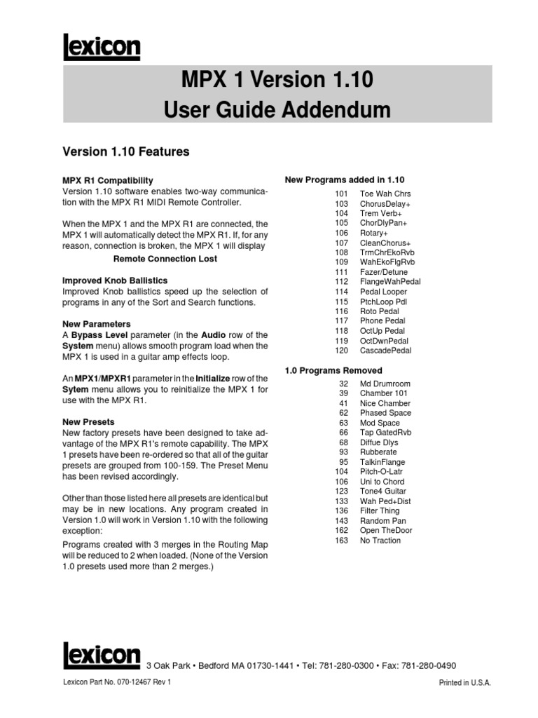 MPX 1 Version 1.10 User Guide Addendum | PDF | Music Technology ...