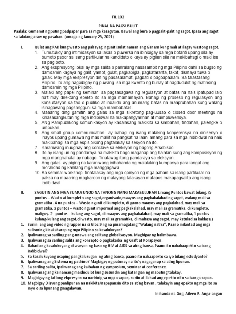 FIL 102 Final Exam | PDF