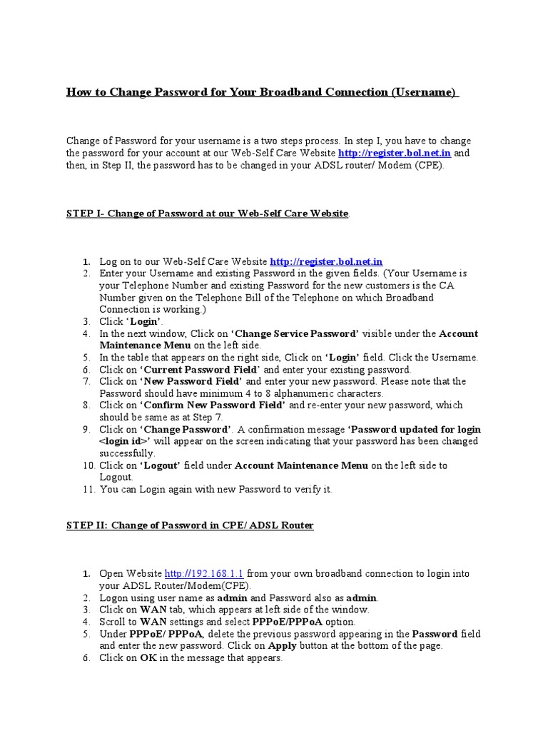 How To Change Password For Your Broadband Connection | PDF | Login ...