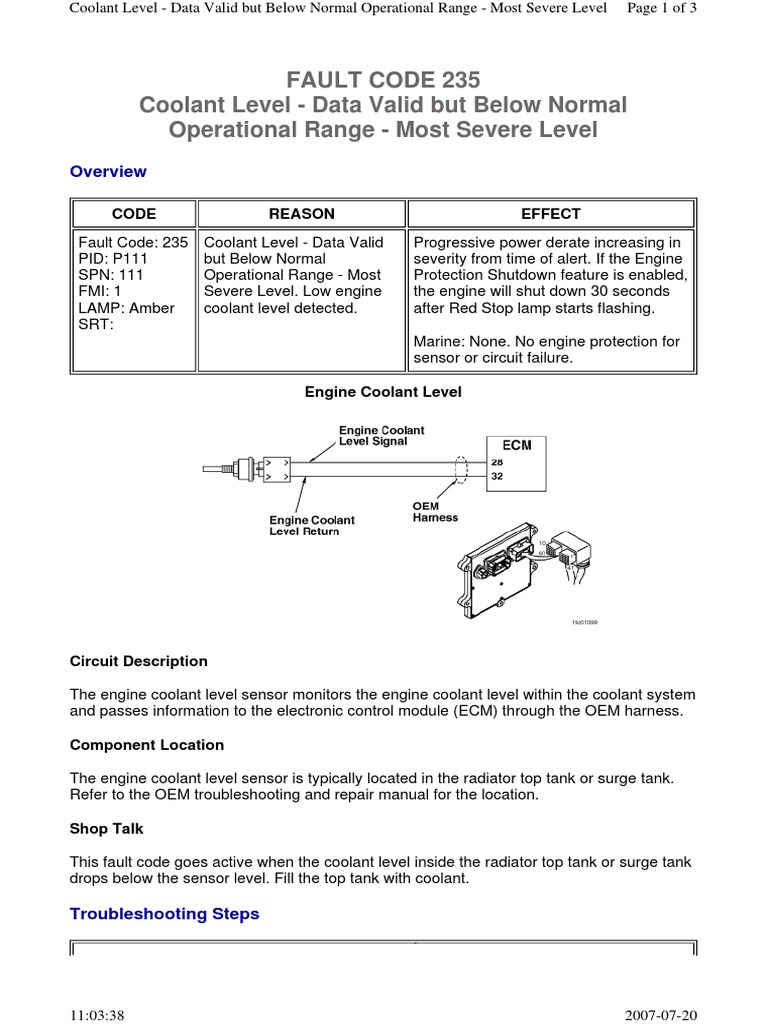 Fault Code 235 Coolant Level - Data Valid But Below Normal Operational ...