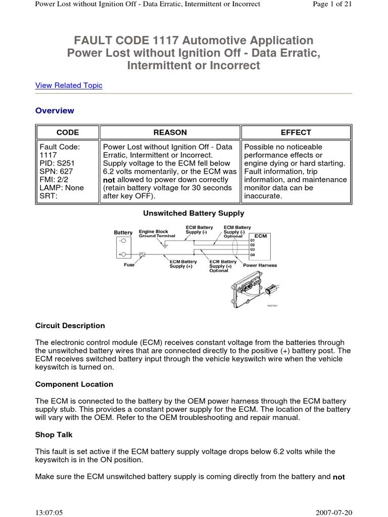 FAULT CODE 1117 Automotive Application Power Lost Without Ignition Off ...
