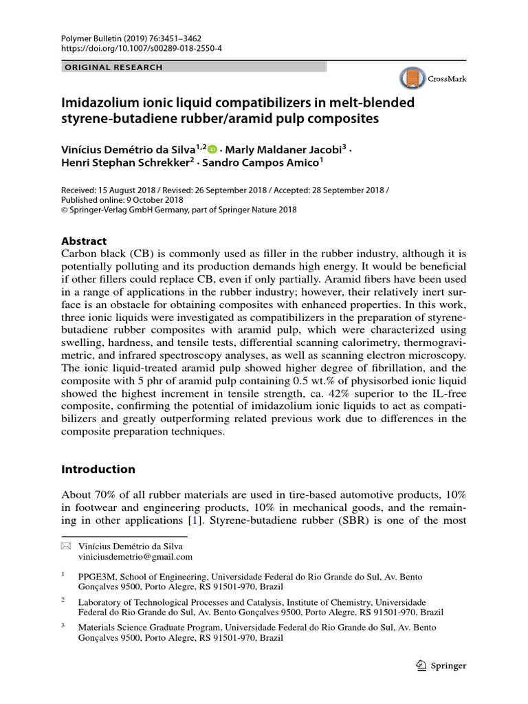 Imidazolium Ionic Liquid Compatibilizers in Melt Blended Styrene Butadiene Rubber/aramid Pulp ...
