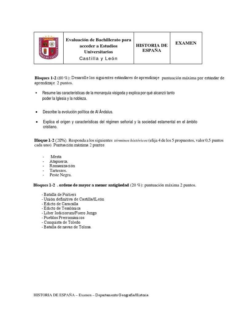 Examen Historia de España BL 1-2 B PDF | PDF