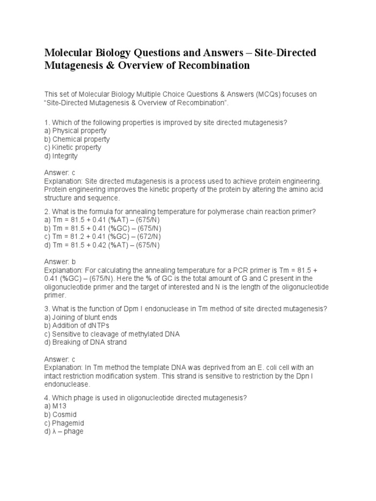 Site-Directed Mutagenesis | PDF | Genetic Recombination | Primer ...
