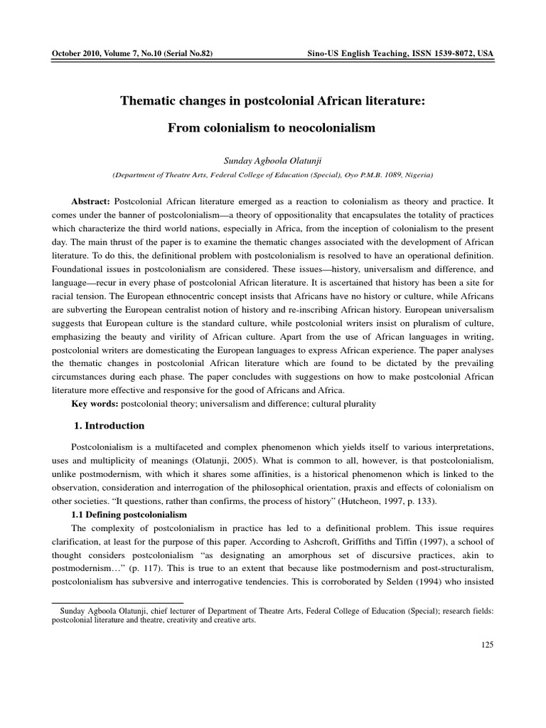 Thematic Shifts in African Literature | PDF | Postcolonialism | Colonialism
