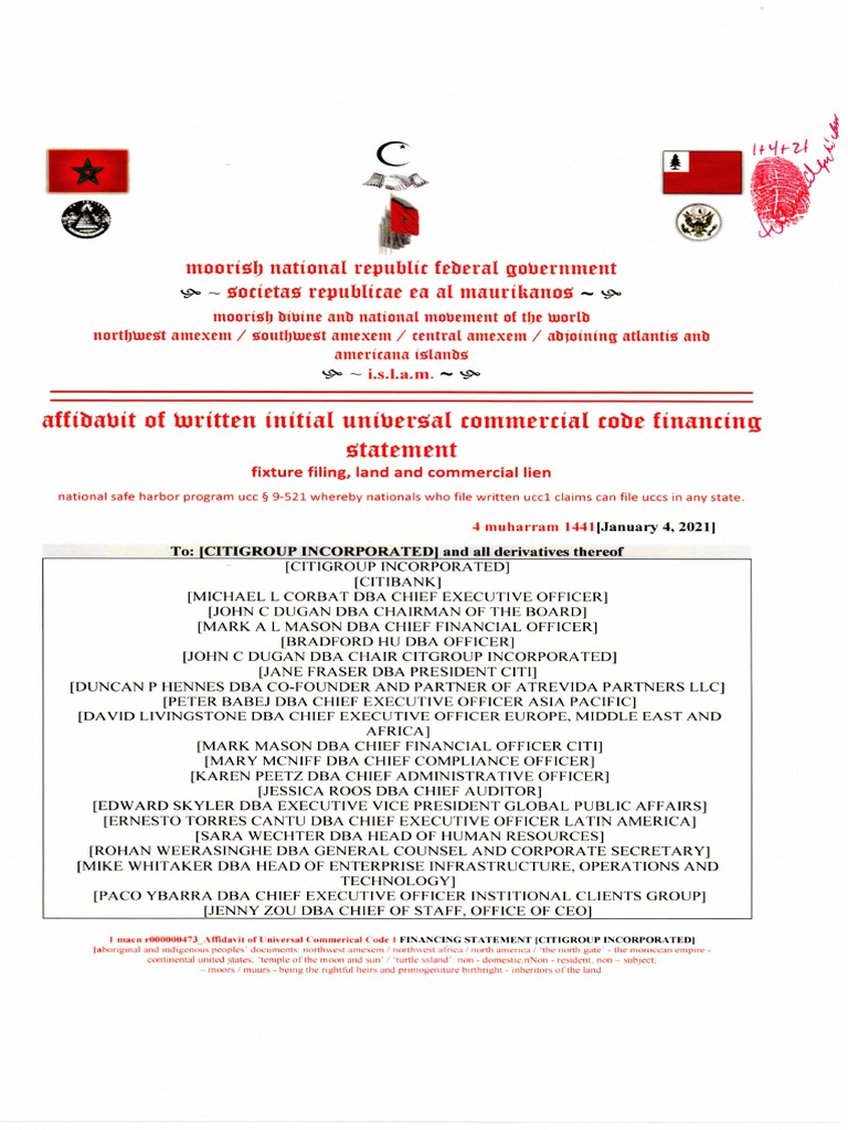 Affidavit of Written Initial Universal Commercial Code Financing ...