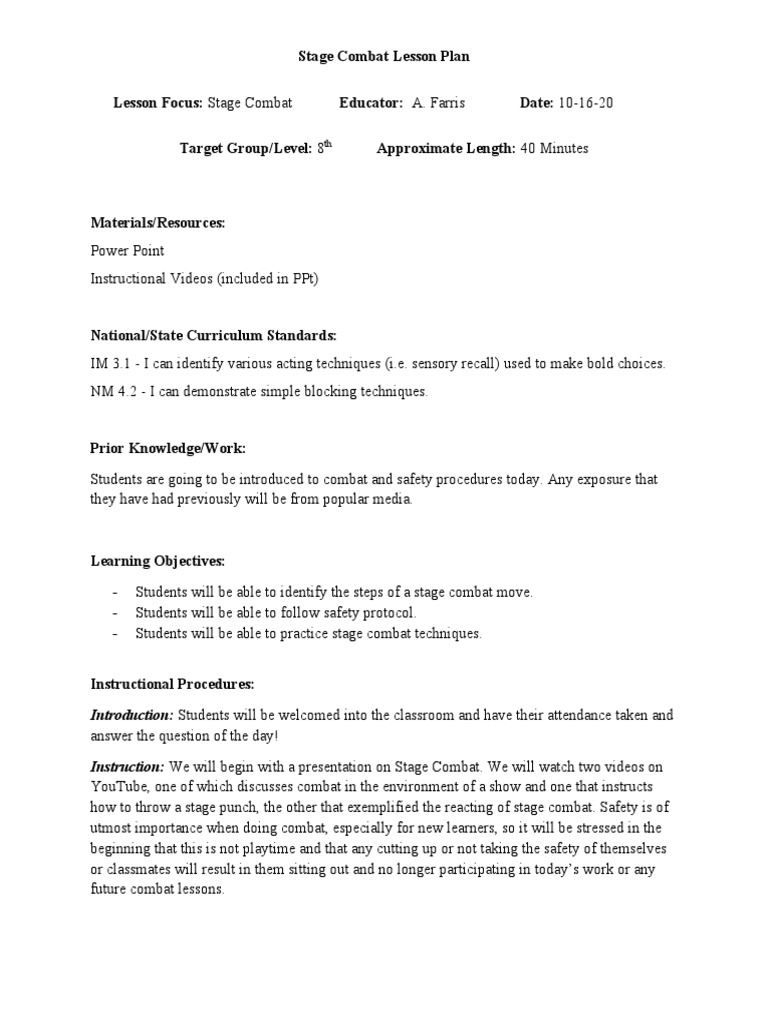 8th Grade Stage Combat Basics | PDF | Lesson Plan | Behavior Modification