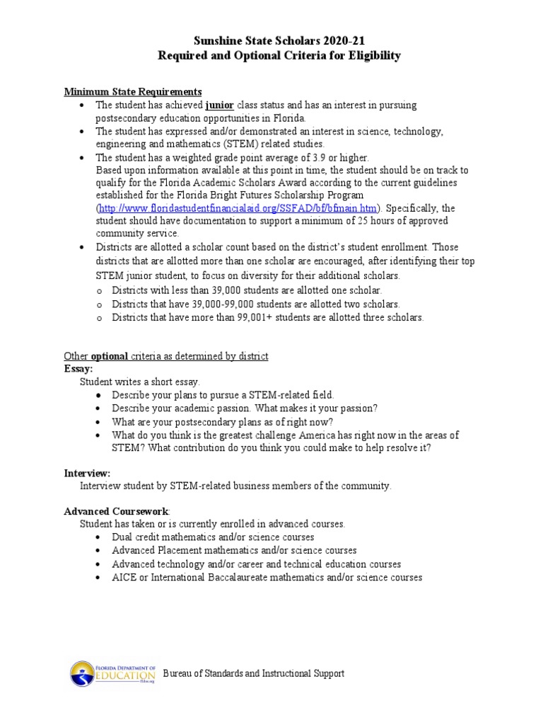 Sunshine State Scholars 2020-21 Required and Optional Criteria For ...