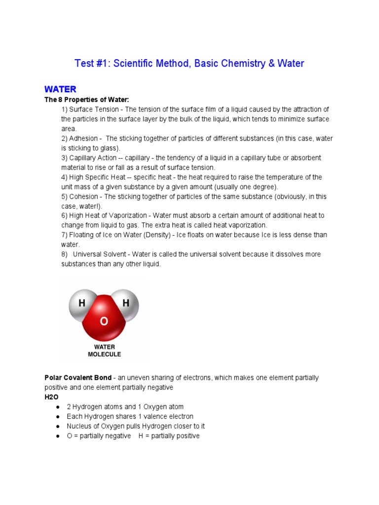 Test 1 - Scientific Method, Basic Chemistry & Water | PDF | Chemical ...