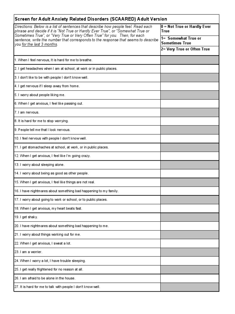 SCAARED Adult With Scoring | PDF | Anxiety | Anxiety Disorder