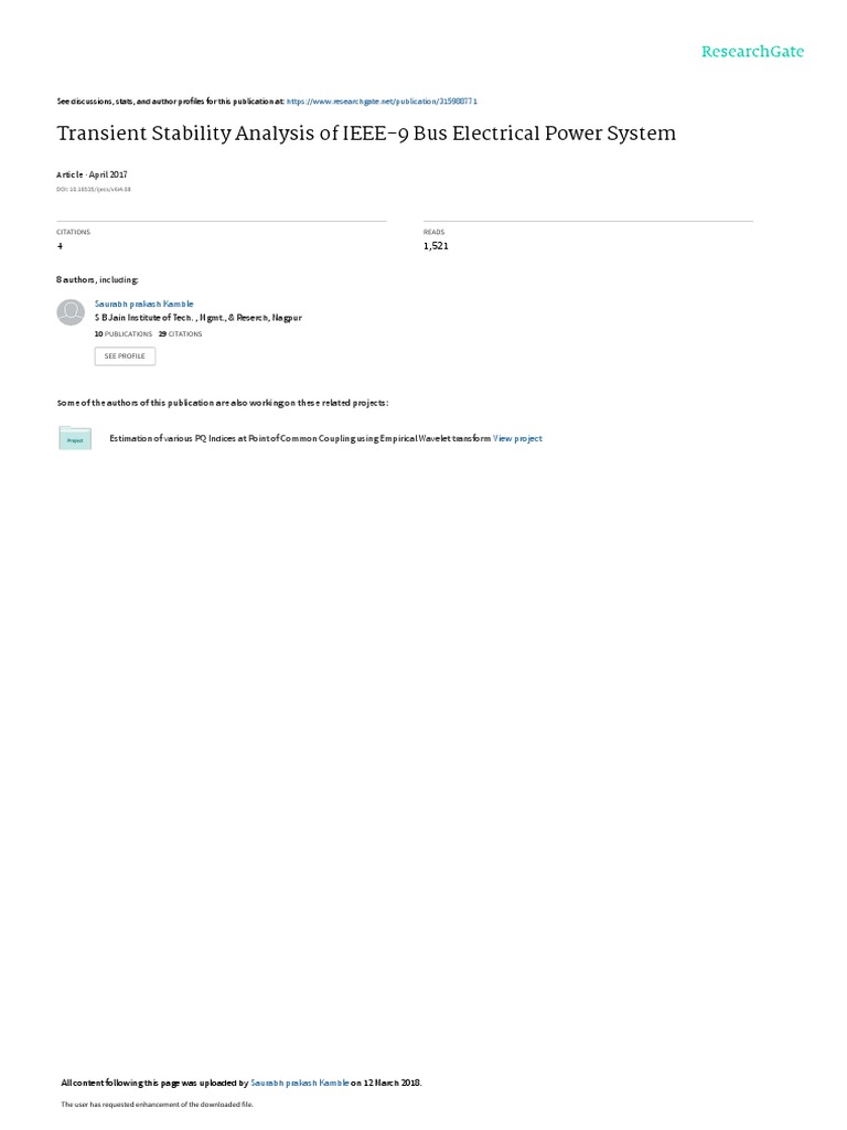Transient Stability Analysis of IEEE-9 Bus Electrical Power System | PDF | Steady State ...