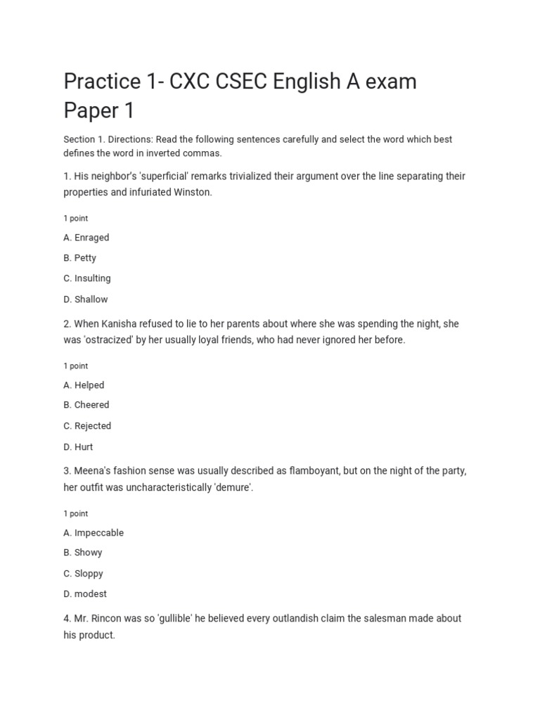 Practice CXC CSEC English A Exam - Section 1: Selecting Definitions of ...