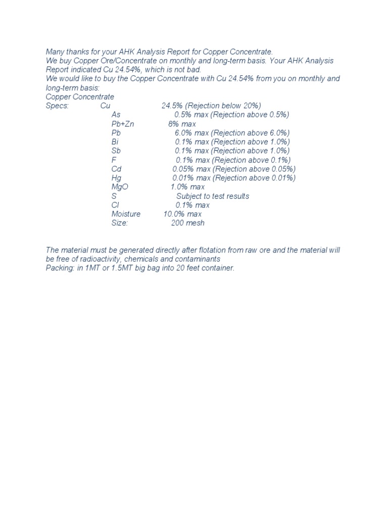 Analysis Report For Copper Concentrate | PDF