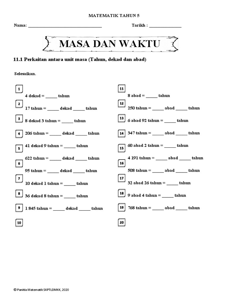 Pertukaran Unit Masa Tahun, Dekad, Abad Set 1 | PDF
