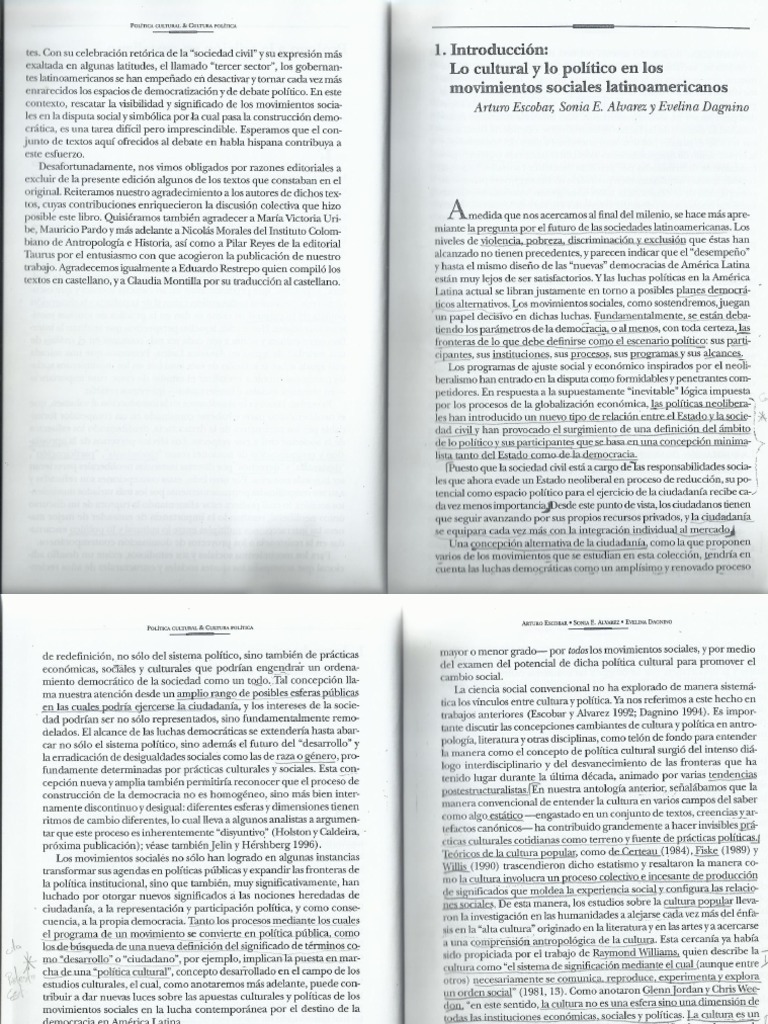 Escobar, Arturo-Mov. Sociales-Introducción Política Cultural y Cultura Política PDF | PDF