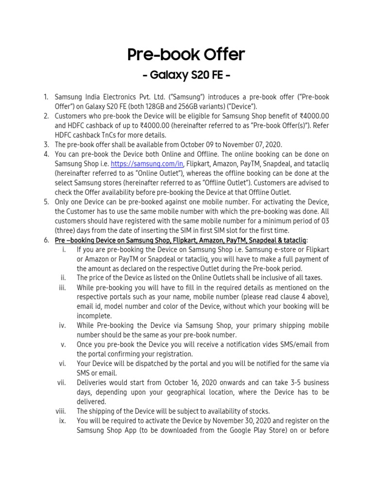 Pre-Book Offer: - Galaxy S20 FE | PDF | Google Play | Mobile Technology