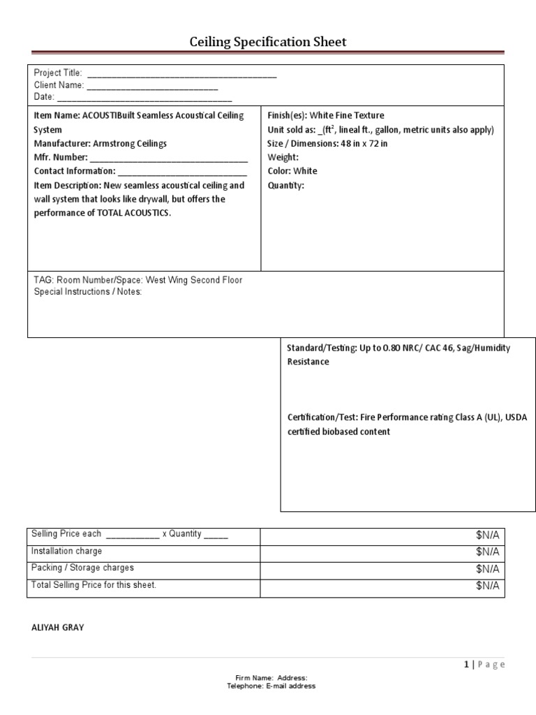 Ceiling Specification Sheet | PDF | Drywall | Specification (Technical ...