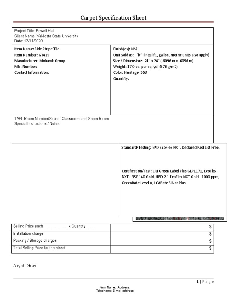 Carpet Specification Sheet | PDF | Adhesive | Building Engineering