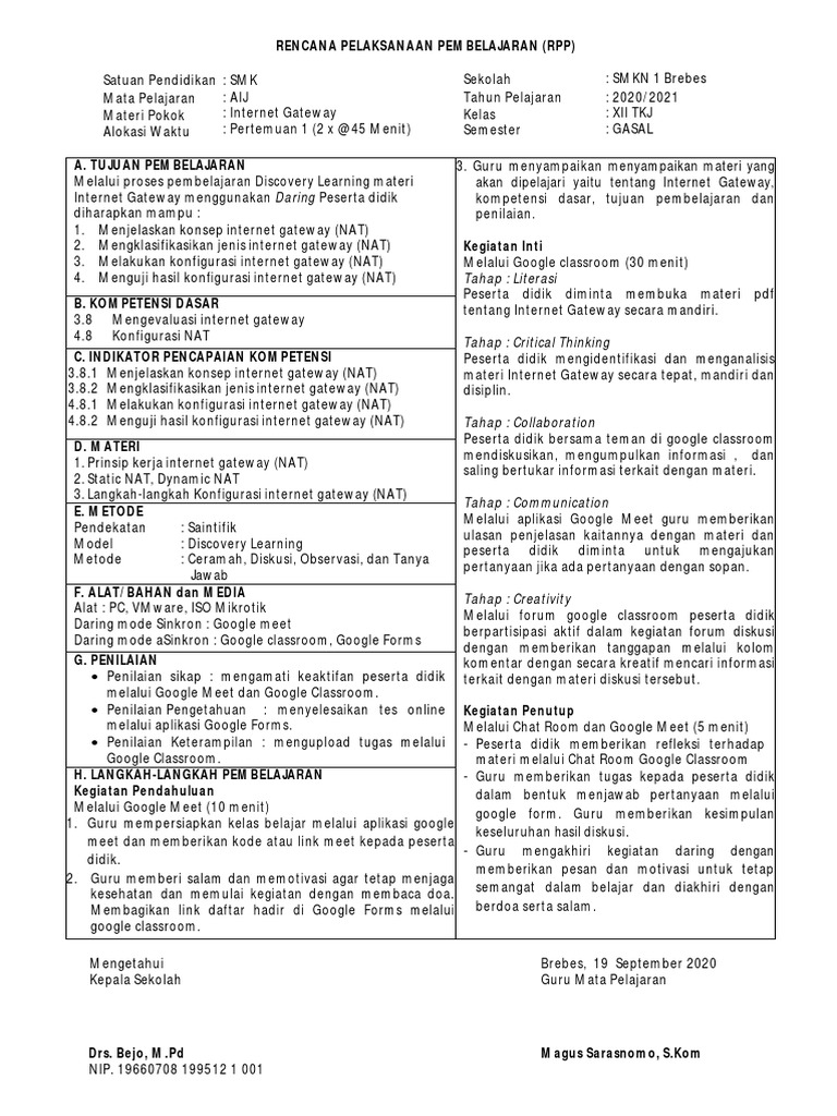 RPP AIJ Internet Gateway Dan Nat 1 Lembar | PDF | Komputer