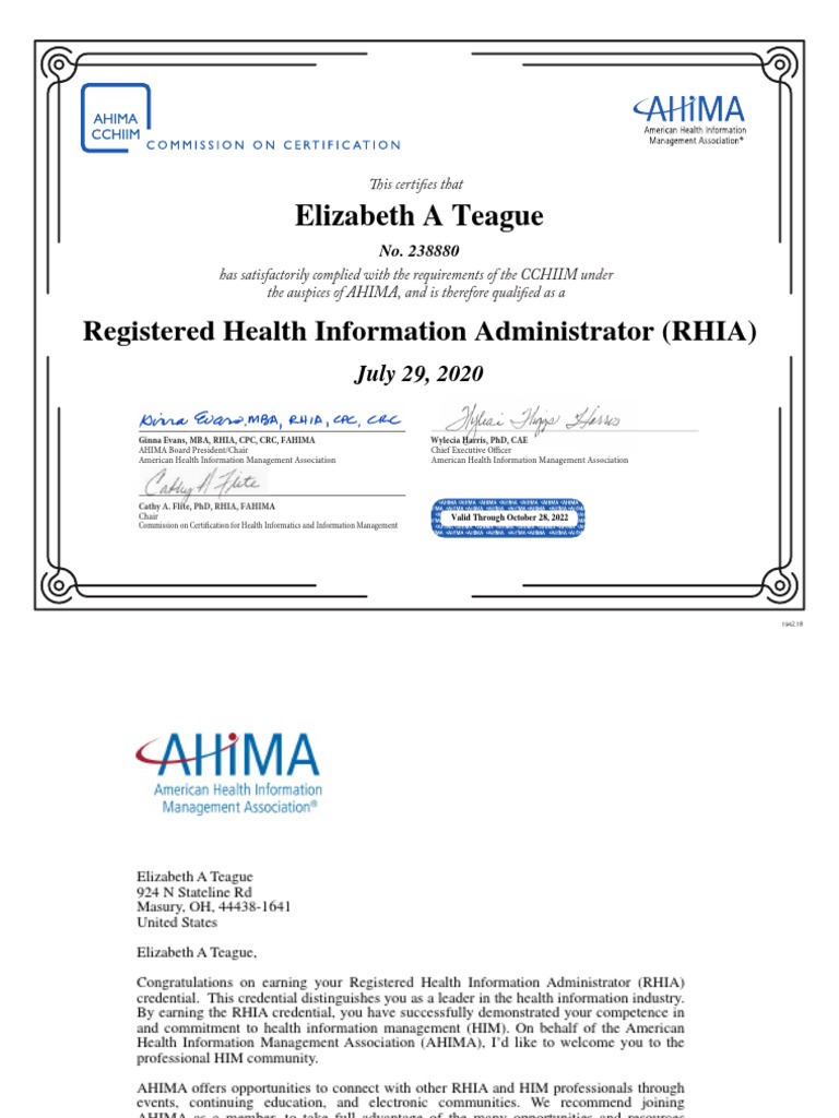 Elizabeth A Teague: Registered Health Information Administrator (RHIA ...