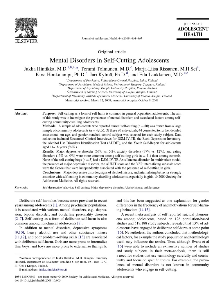 Mental Disorders in Self-Cutting | PDF | Self Harm | Mental Disorder
