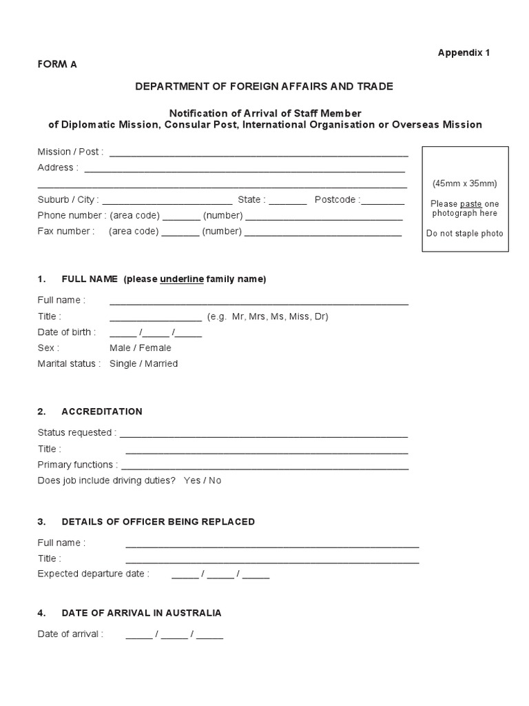 Diplomatic Staff Arrival Notification Form | PDF | Passport | Identity ...