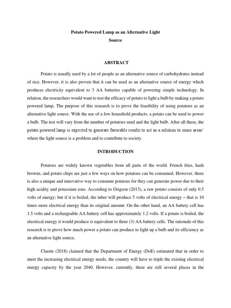 Potato Powered Lamp As An Alternative Light Source | PDF | Research ...